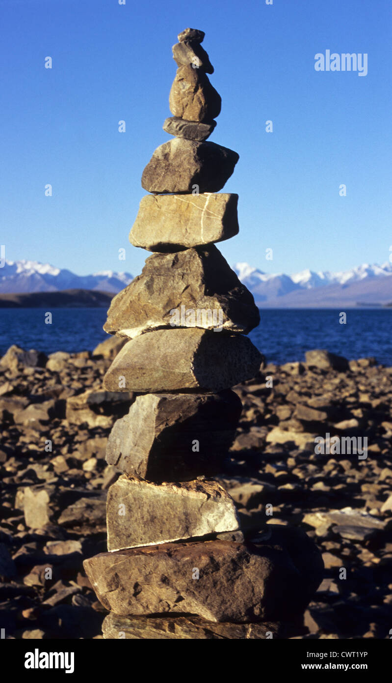 Stacked stones, Lake Tekapo, New Zealand Stock Photo - Alamy