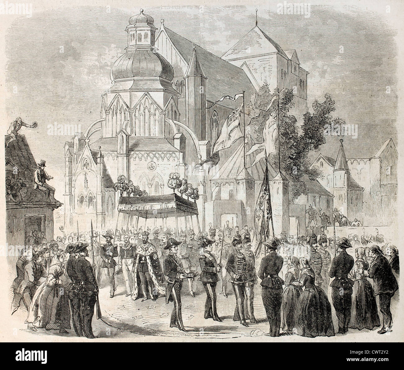 Charles XV crowned king of Norway coming out the church of Trondheim ...