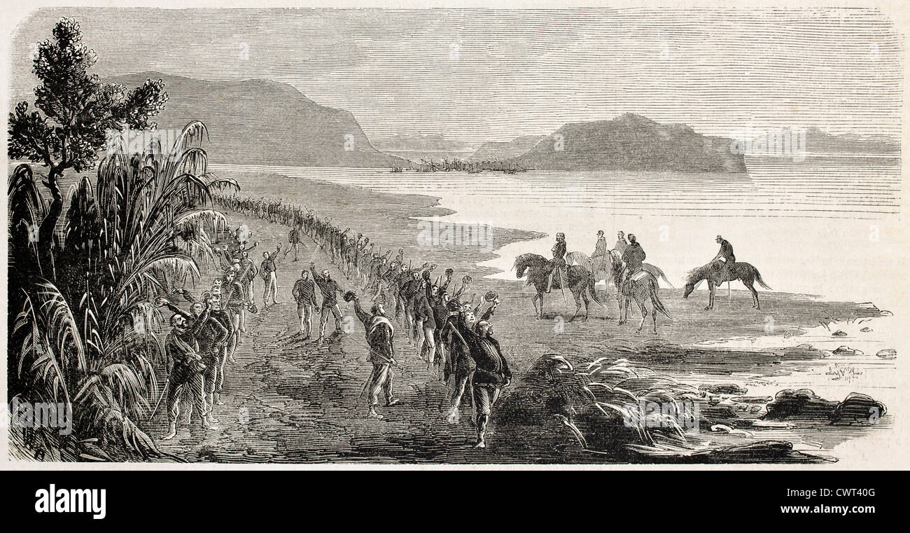 Sicilian volunteers of Garibaldi army on the beach in Palermo ...