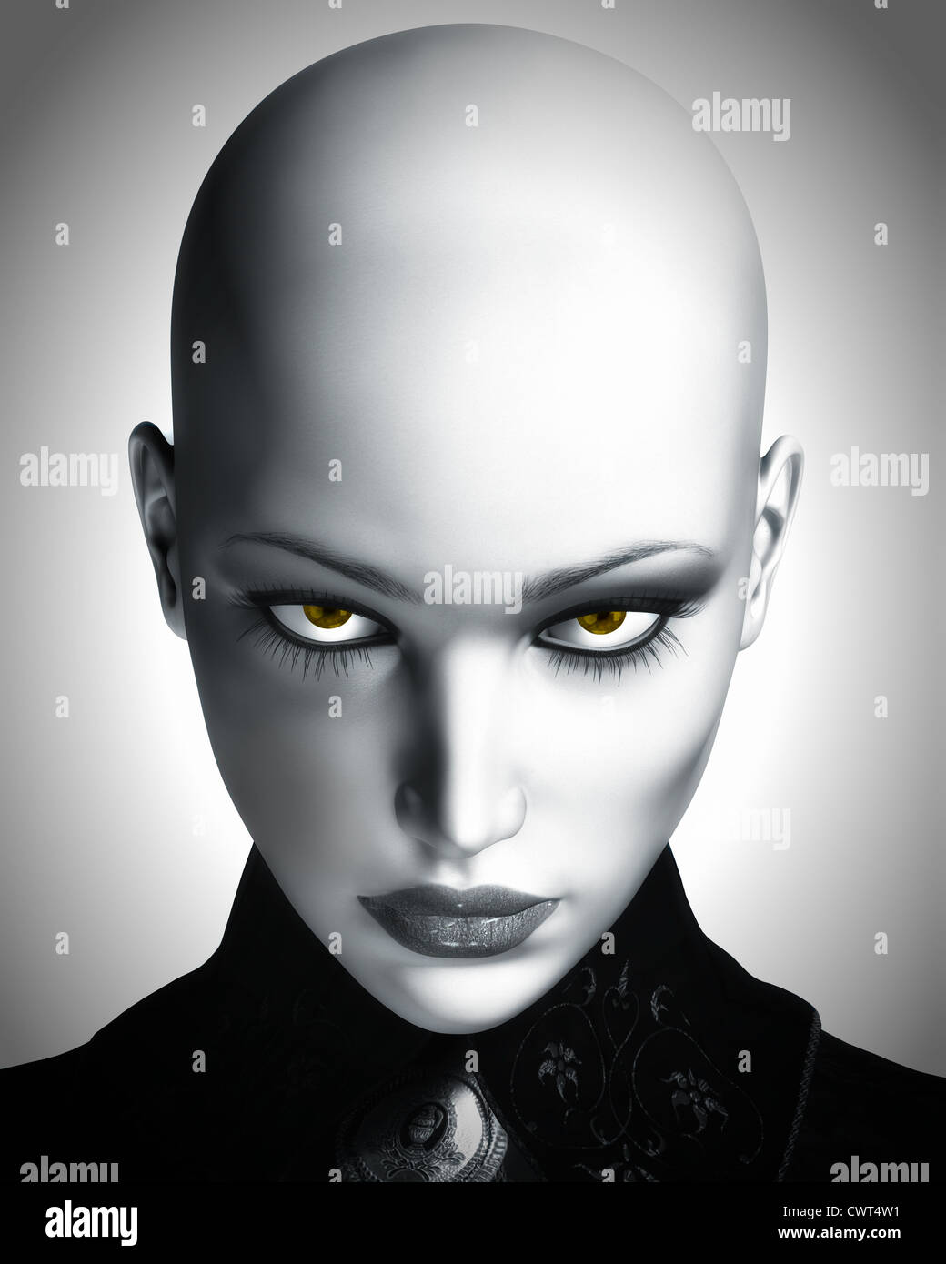 A black and white digital illustration of a beautiful, bald, futuristic ...