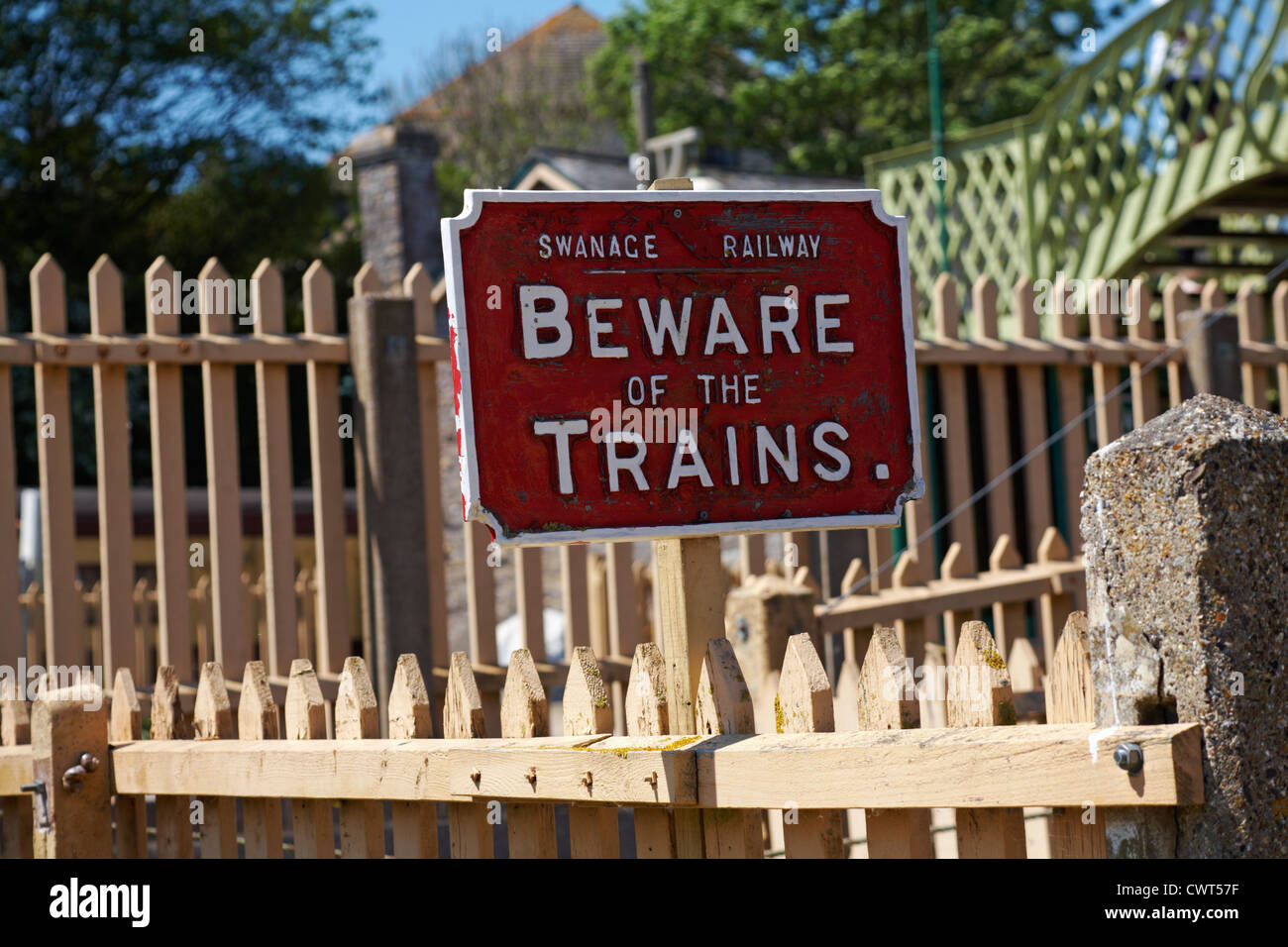 Swanage Railway beware of the trains sign in May Stock Photo - Alamy