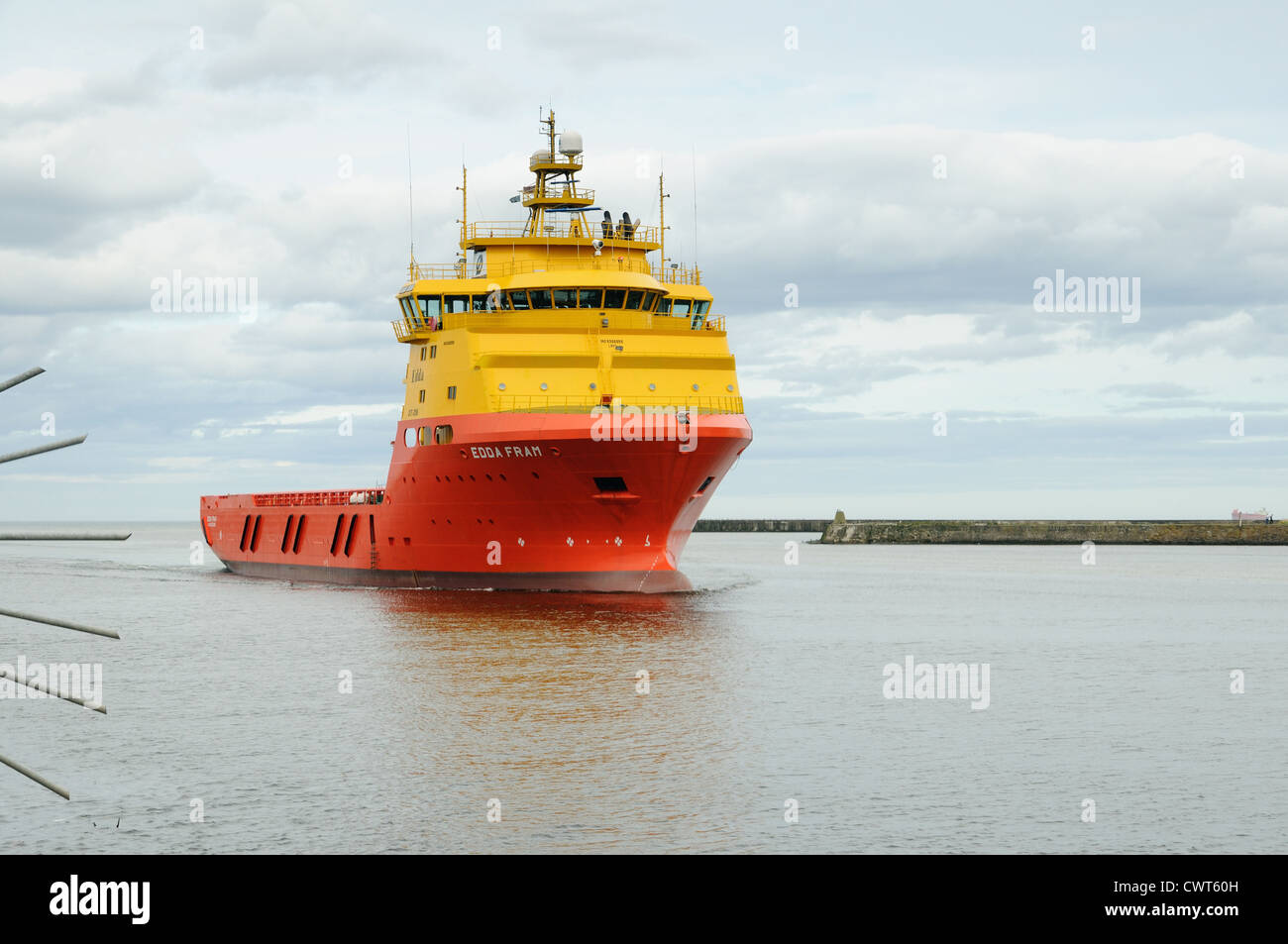 The platform support vessel Edda Fram at harbour in Aberdeen, Scotland ...