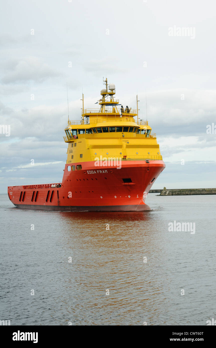 The platform support vessel Edda Fram at harbour in Aberdeen, Scotland ...
