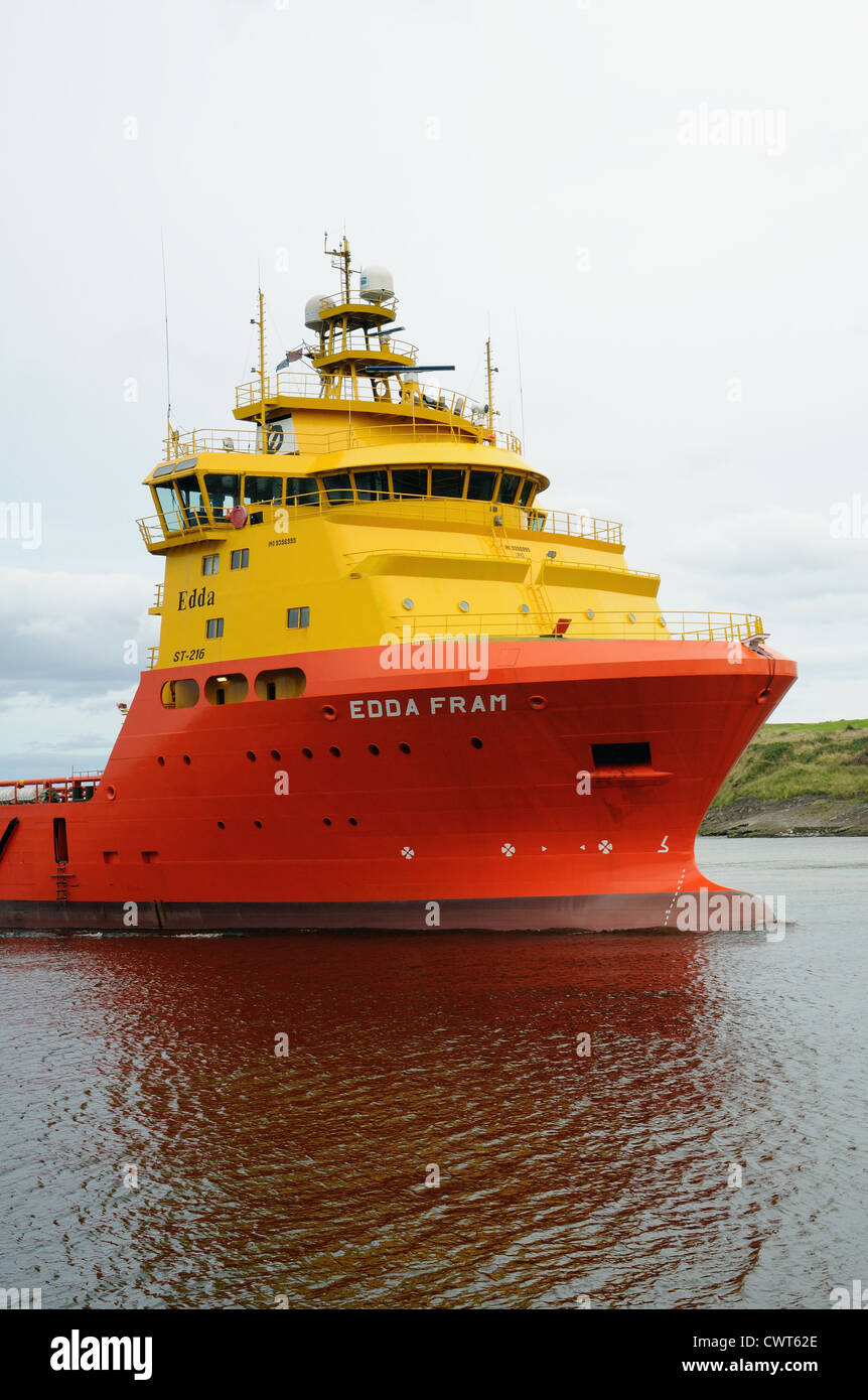 The platform support vessel Edda Fram at harbour in Aberdeen, Scotland ...