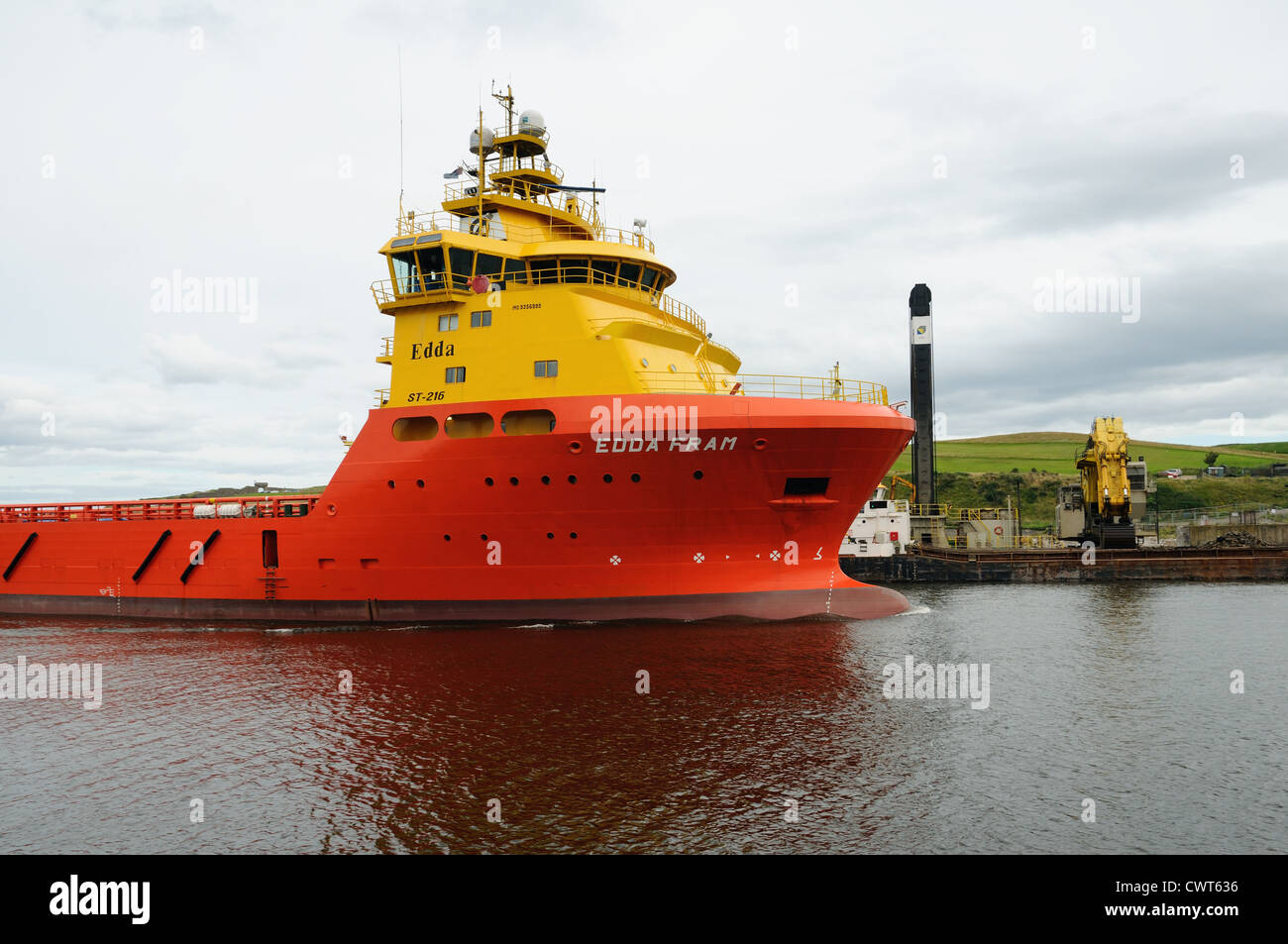 The platform support vessel Edda Fram at harbour in Aberdeen, Scotland ...