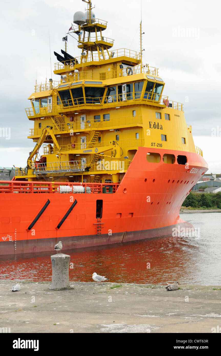 The platform support vessel Edda Fram at harbour in Aberdeen, Scotland ...