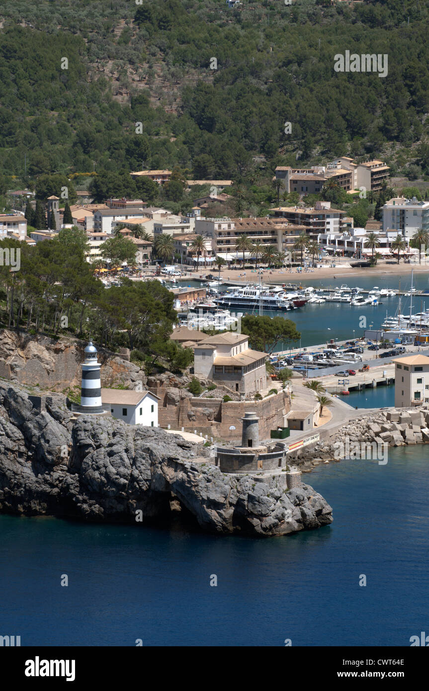Lighthouse and bay of Port de Soller, Majorca, Spain Stock Photo - Alamy