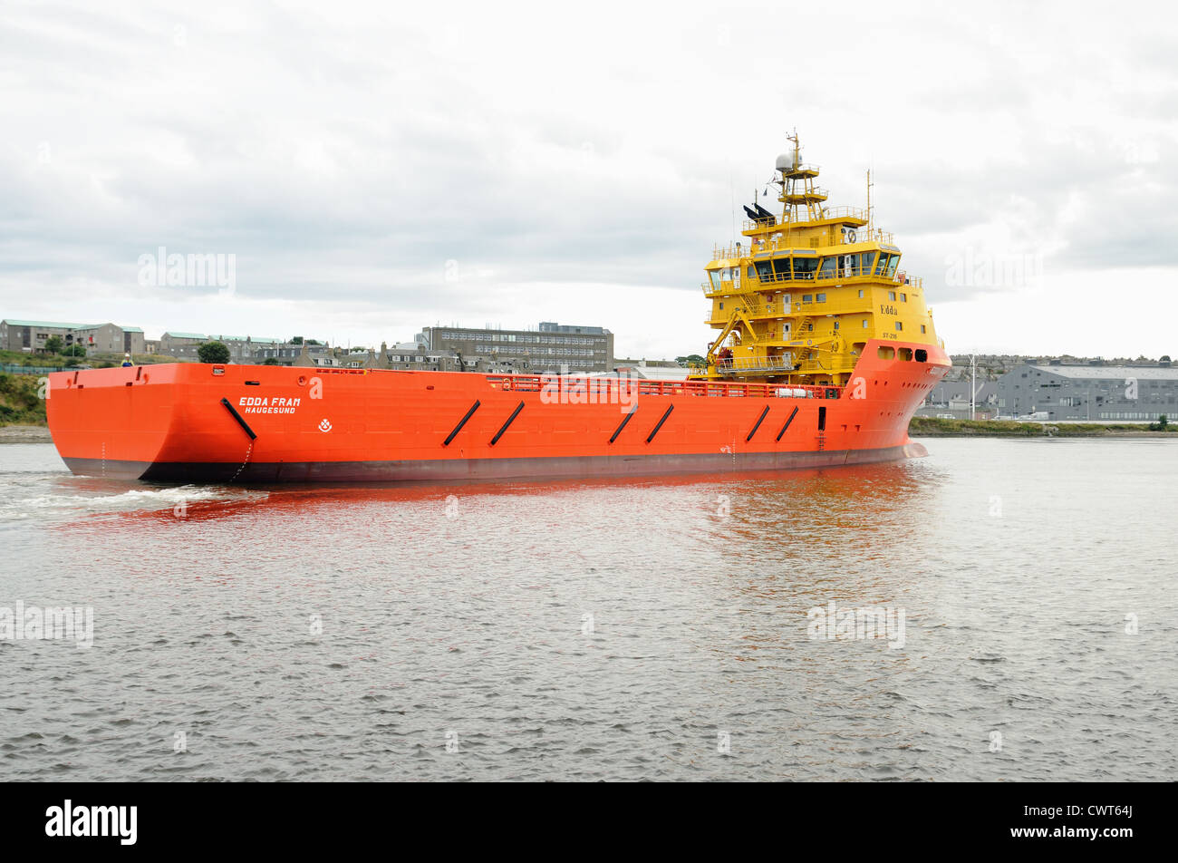 The platform support vessel Edda Fram at harbour in Aberdeen, Scotland ...