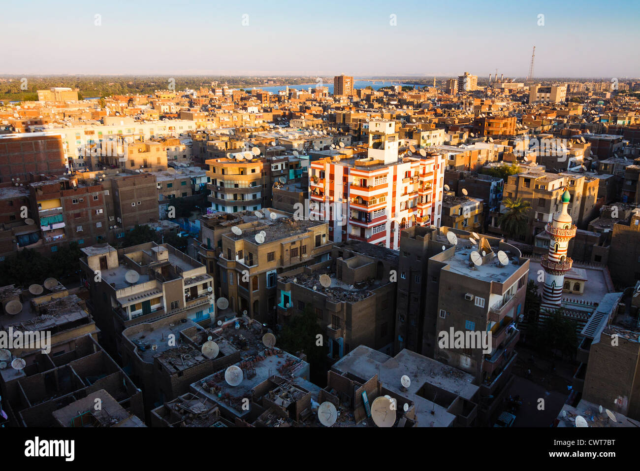Overview of Asyut downtown with apartment buildings and Nile in ...