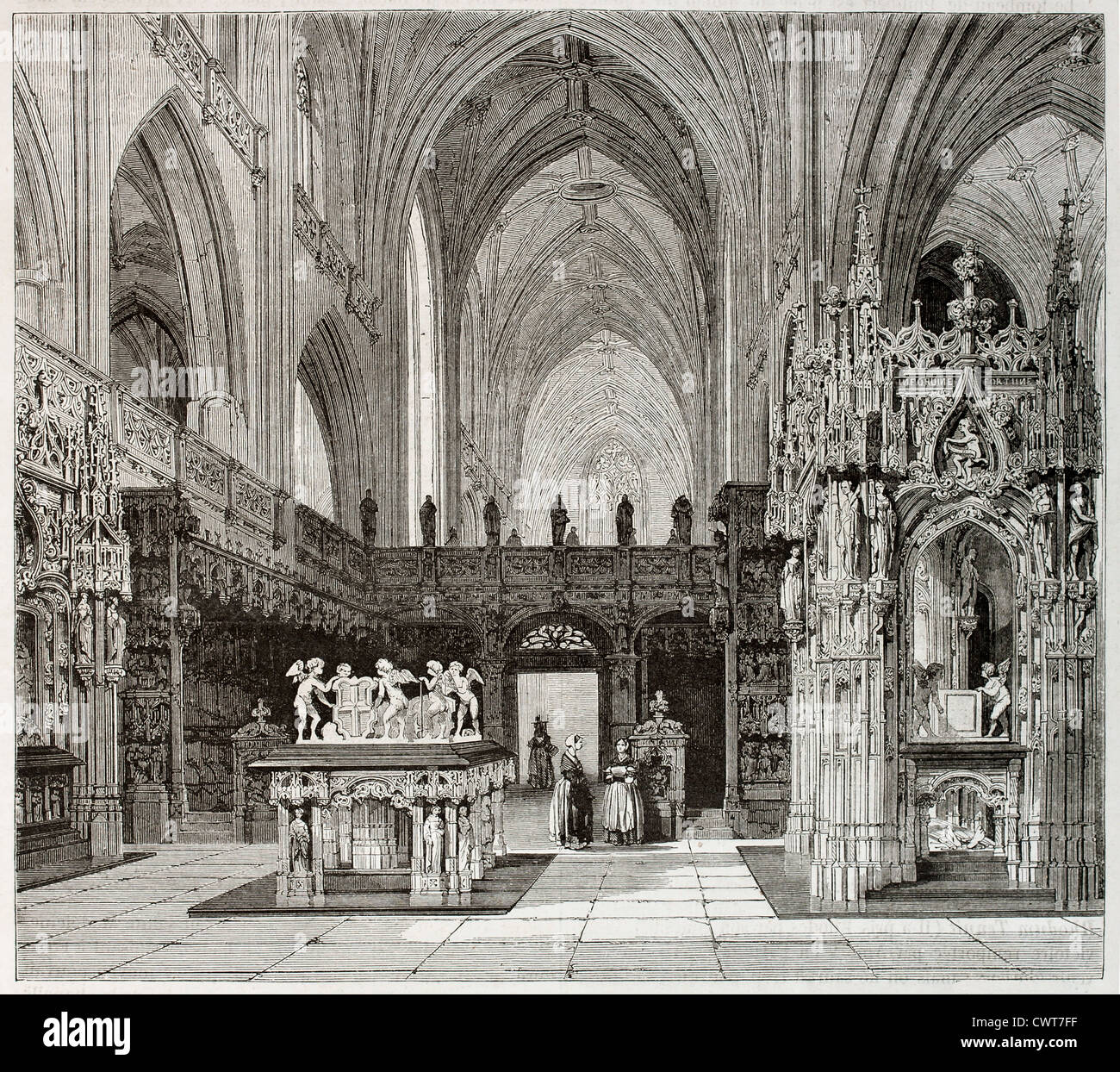 Old illustration of Brou monastery church interior, France Stock Photo ...