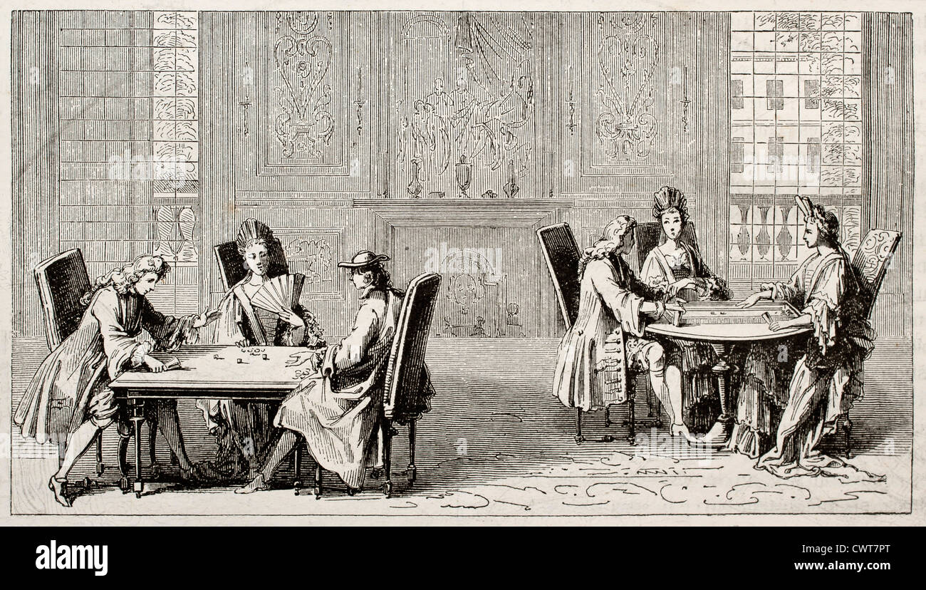 People playing trictrac on two tables Stock Photo - Alamy