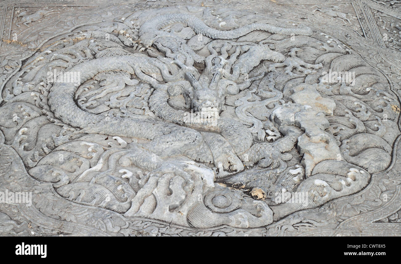 Dragon culptures on the stone pavement inside Forbidden City, Beijing ...