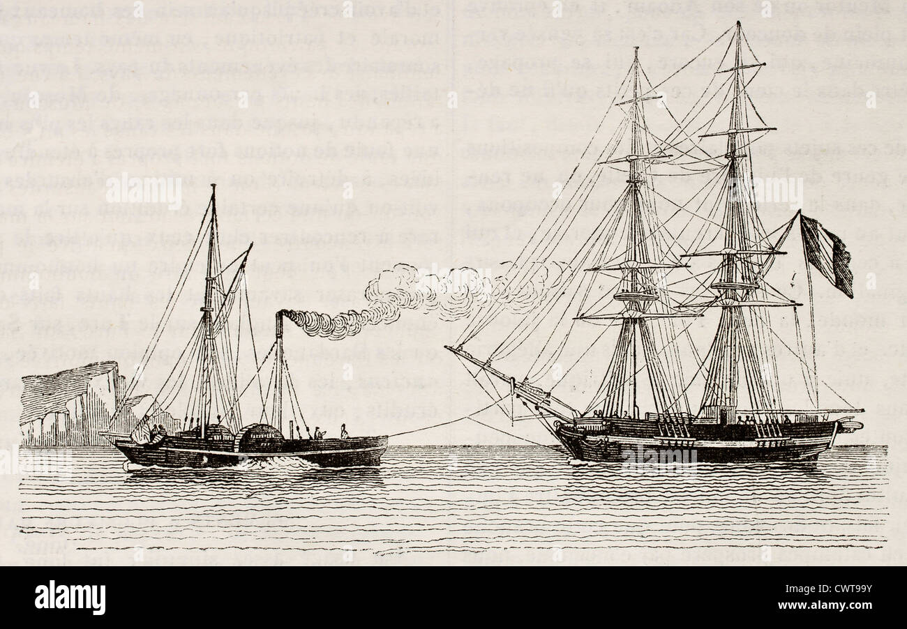 Tug boat towing a merchant brig Stock Photo - Alamy