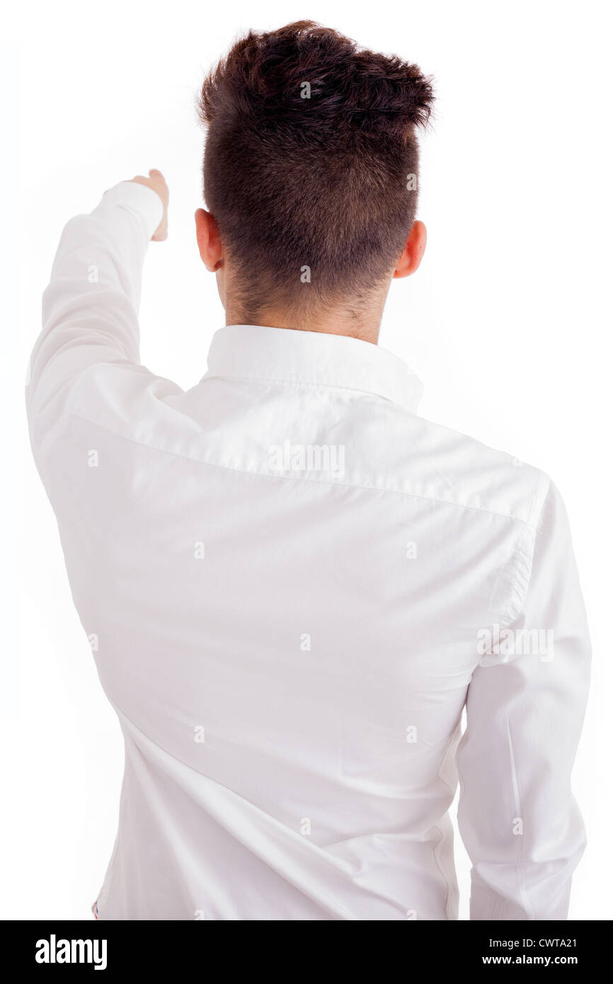 Young man from back pointing - isolated on white Stock Photo - Alamy