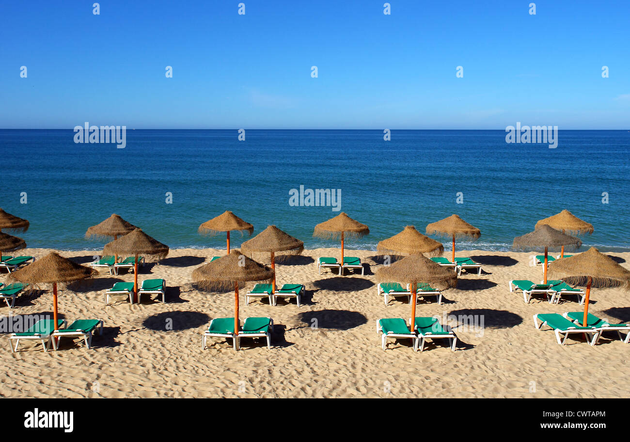 Parasol and sun loungers on the beach sand Stock Photo - Alamy