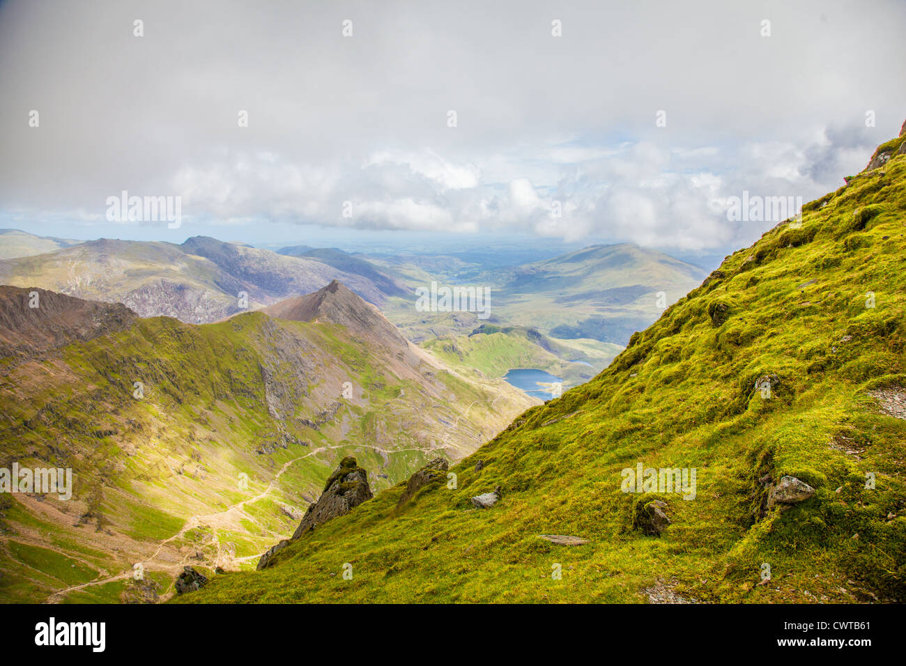 view from summit of snowdon looking down Stock Photo - Alamy
