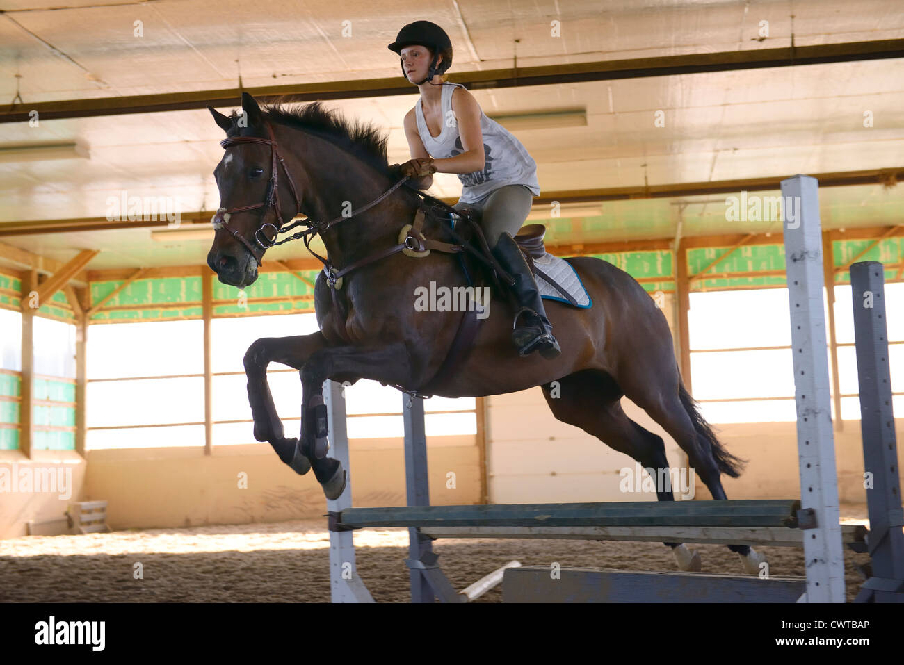 Female rider jumping over an oxer during riding lessons in indoor arena ...