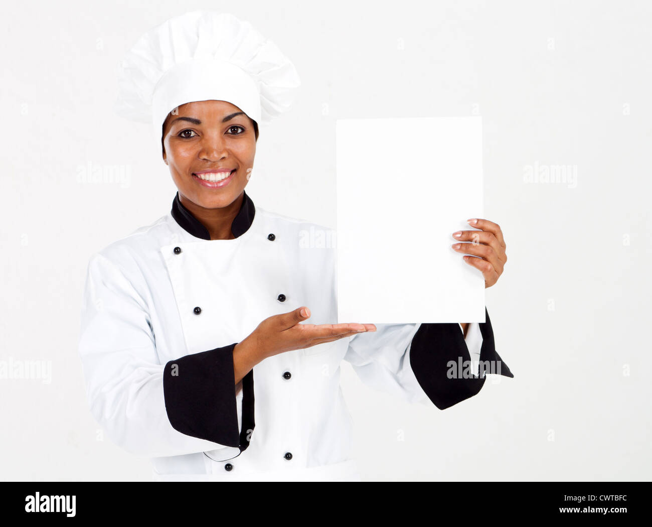 african american female chef presenting menu on white Stock Photo - Alamy
