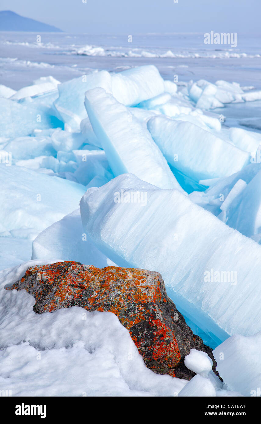 outdoor view of ice blocks at frozen baikal lake in winter Stock Photo ...