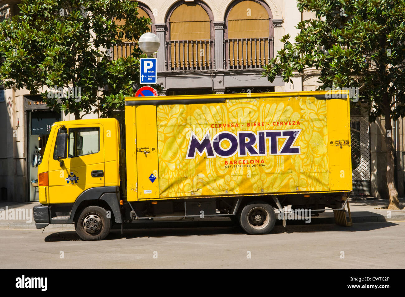 MORITZ lager bier advertising on delivery lorry in Barcelona, Catalonia ...