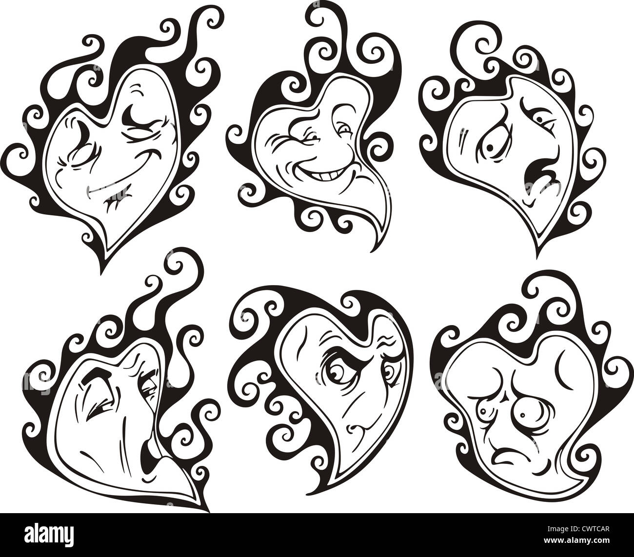 Heart shaped faces. Set of black and white vector illustrations in ...