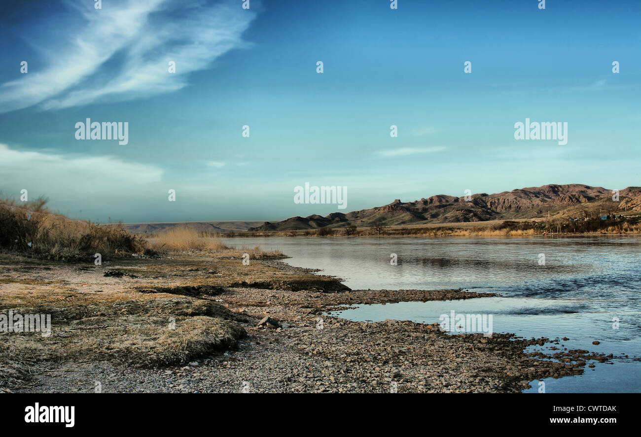 nature landscape river mountain and cloudy sky in Central Asia Stock ...