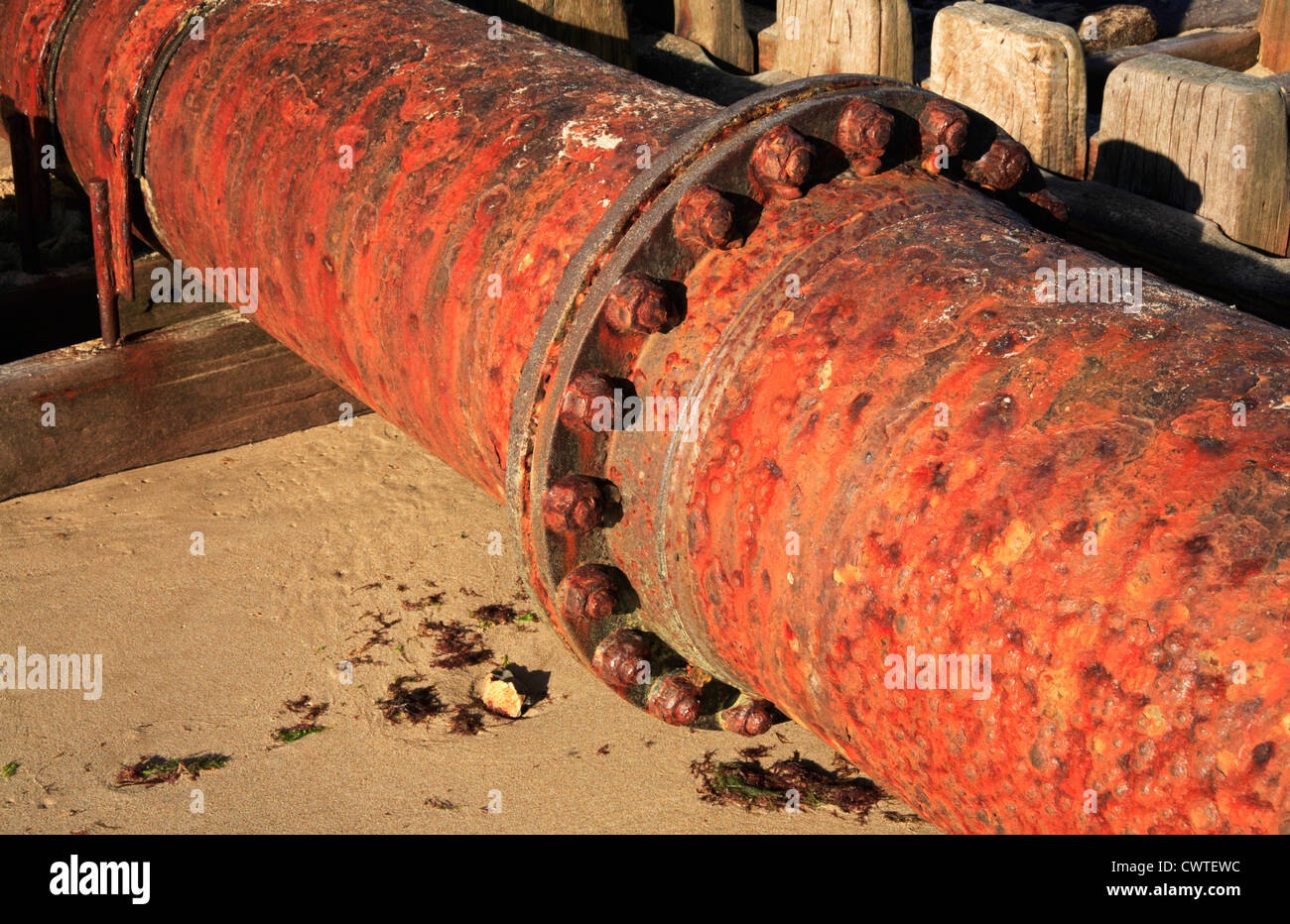 A view of a flange on a surface water pipeline above ground Stock Photo ...