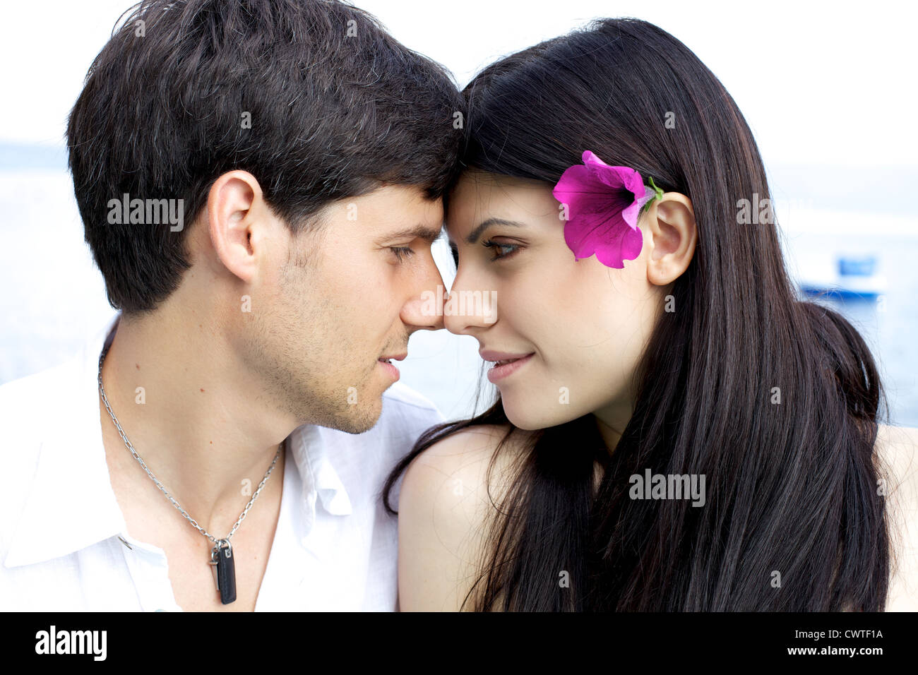Beautiful woman looking handsome man romantic moment in love Stock ...