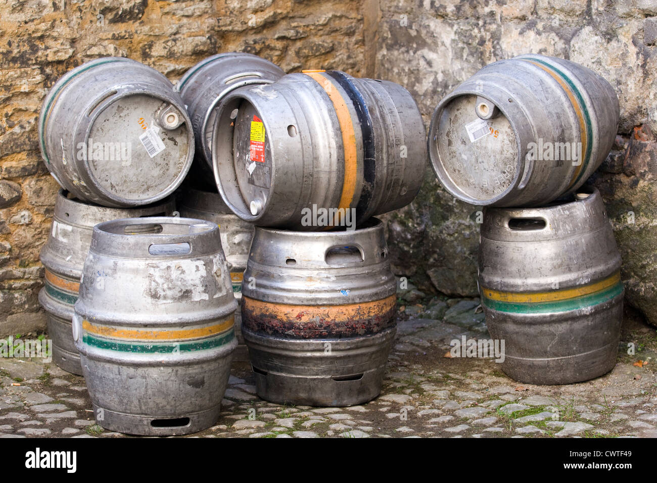 A typical keg half-barrel with single opening in the center of the top ...