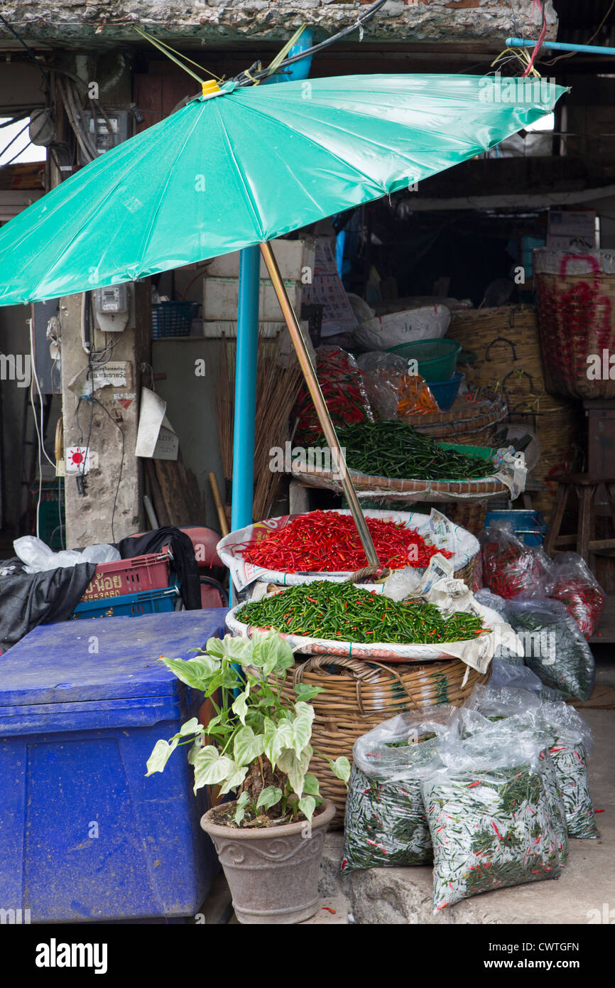 Red and green chilly displayed around Pak Klong Talad (flower market ...