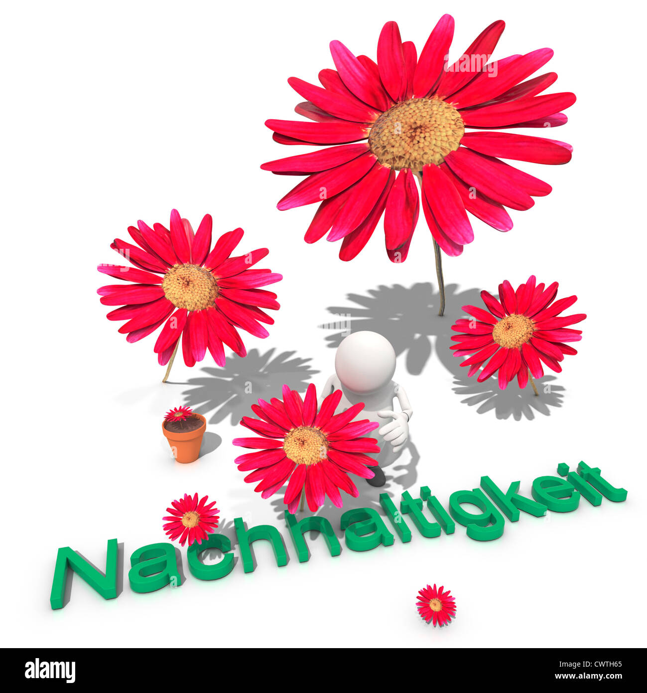 Red flowers growing around anthropomorphic figure, CGI Stock Photo - Alamy