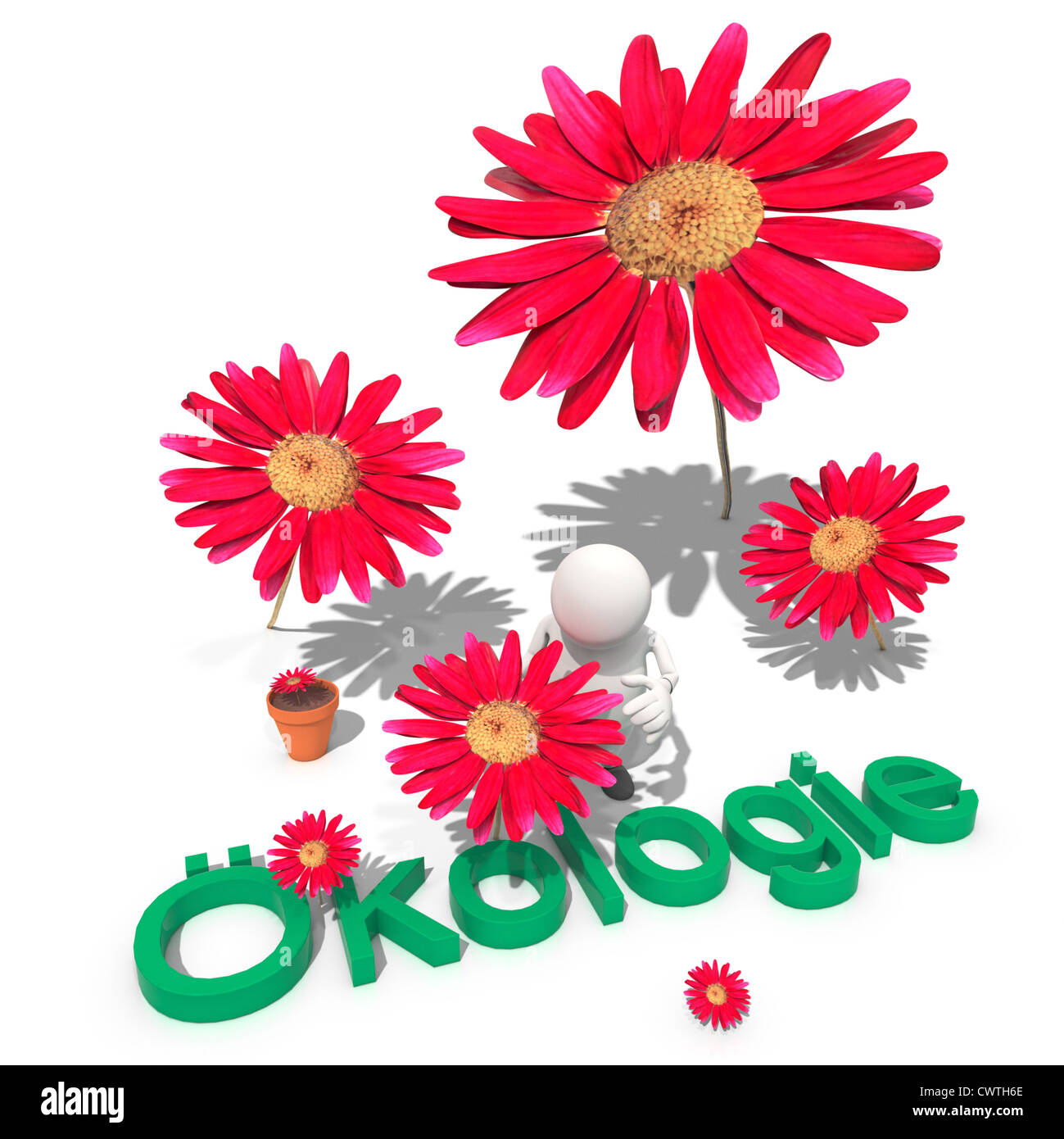 Red flowers growing around anthropomorphic figure, CGI Stock Photo - Alamy