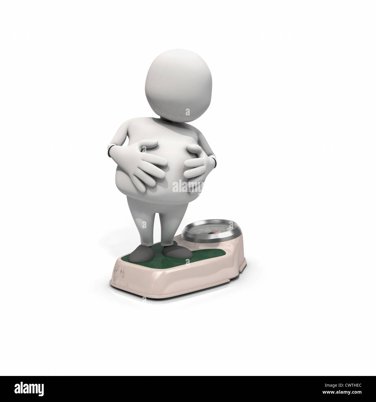 Overweighed anthropomorphic figure standing on scales, CGI Stock Photo ...