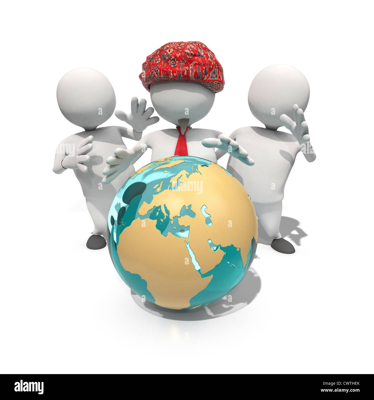 Three anthropomorphic figures standing around globe, CGI Stock Photo ...
