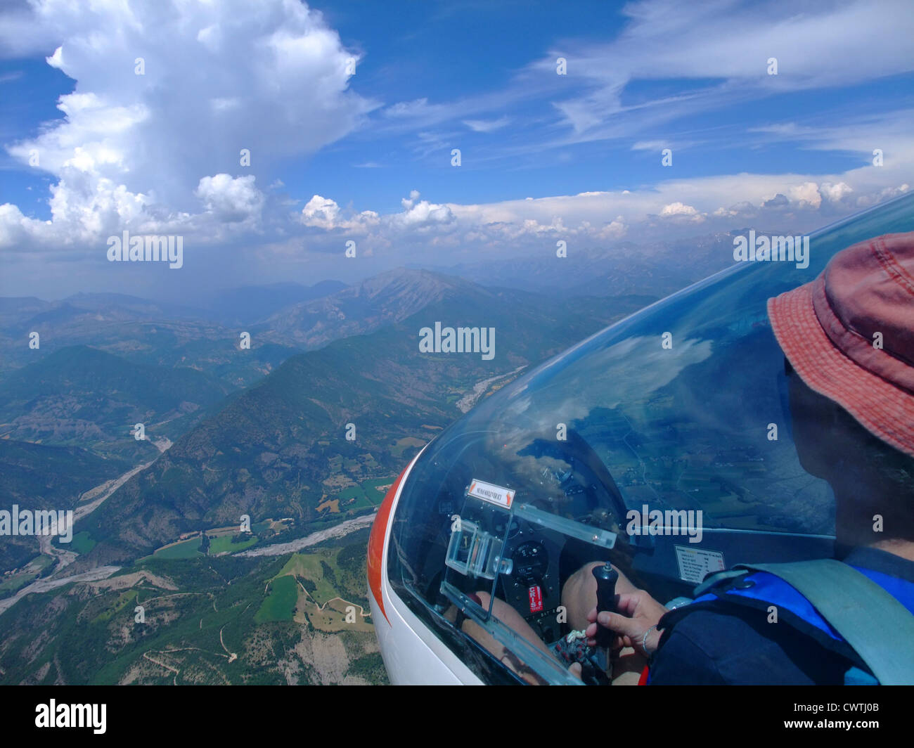 Aerial view of glider plane pilot flying to Crete du Liman near Digne ...