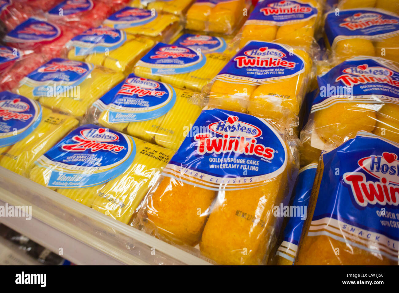 Packages of creme-filled, tasty Hostess brand Twinkies and other snacks ...