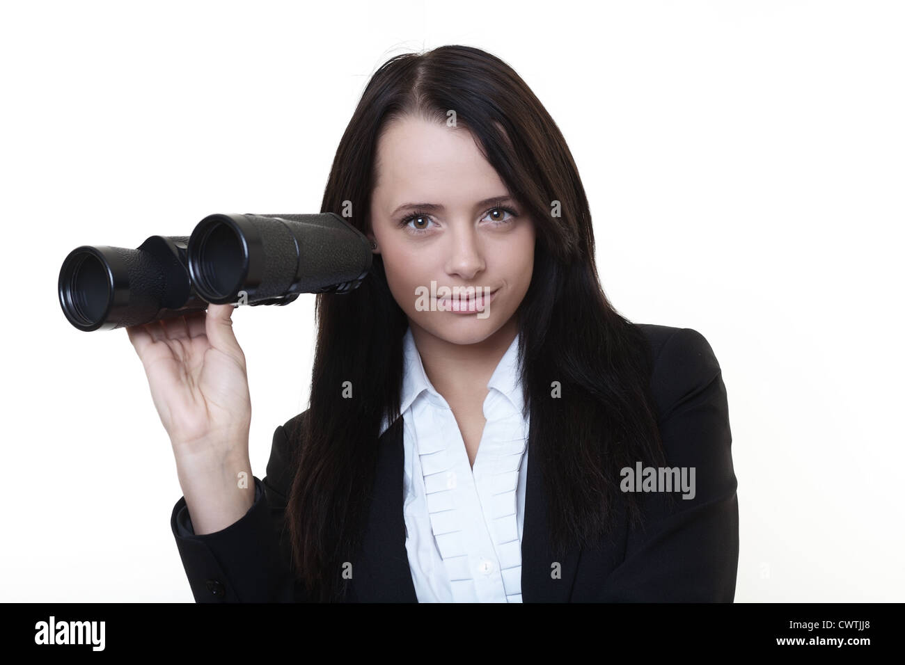 good looking woman holding binoculars up to her eyes wearing a business ...