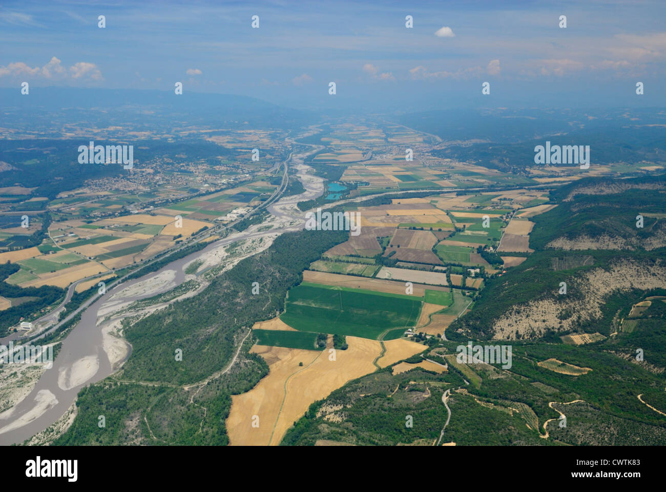Aerial view of Durance valley and river, East of Manosque, Alpes de ...