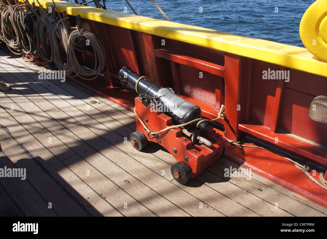 Small naval cannon on board historical wooden brig Stock Photo - Alamy