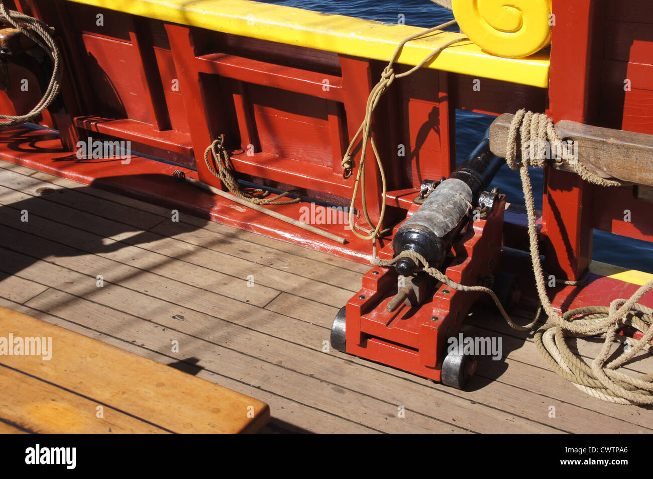 Small naval cannon on board historical wooden brig Stock Photo - Alamy