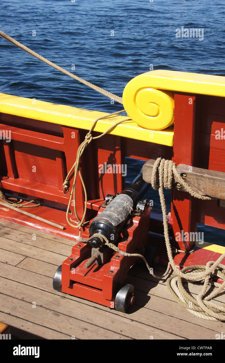 Small naval cannon on board historical wooden brig Stock Photo - Alamy