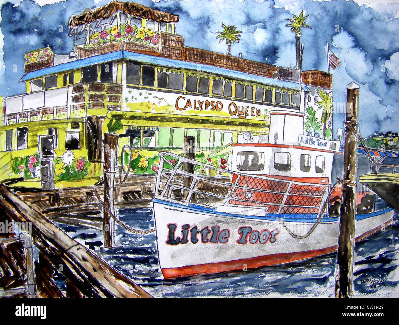 Little Toot tug boat watercolor whimsical painting colorful red blue ...