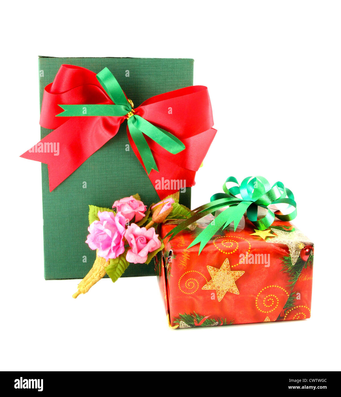 red and green gift box with ribbon on white background Stock Photo - Alamy