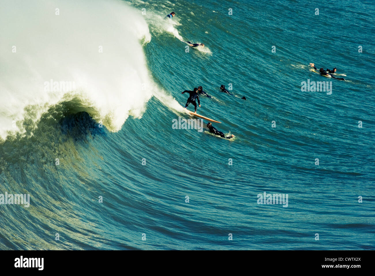 big wave surfing scenes at Mundaka, Europe's premiere wave Stock Photo ...
