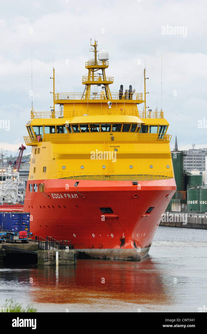 The platform support vessel Edda Fram at harbour in Aberdeen, Scotland ...