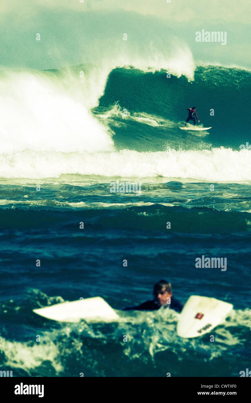 big wave surfing scenes at Mundaka, Europe's premiere wave Stock Photo ...