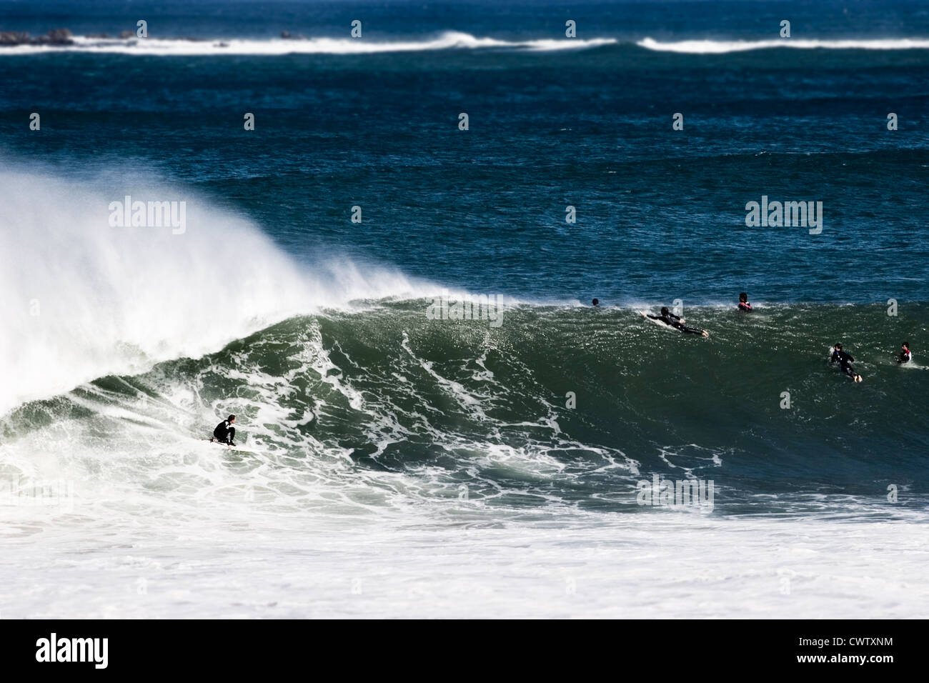 big wave surfing scenes at Mundaka, Europe's premiere wave Stock Photo ...