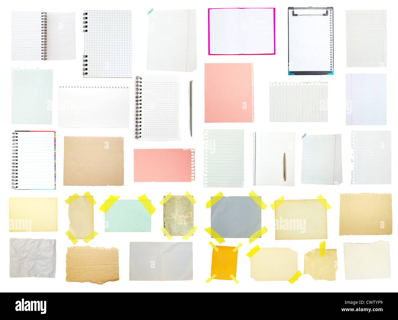 collection of old note paper on white background Stock Photo - Alamy