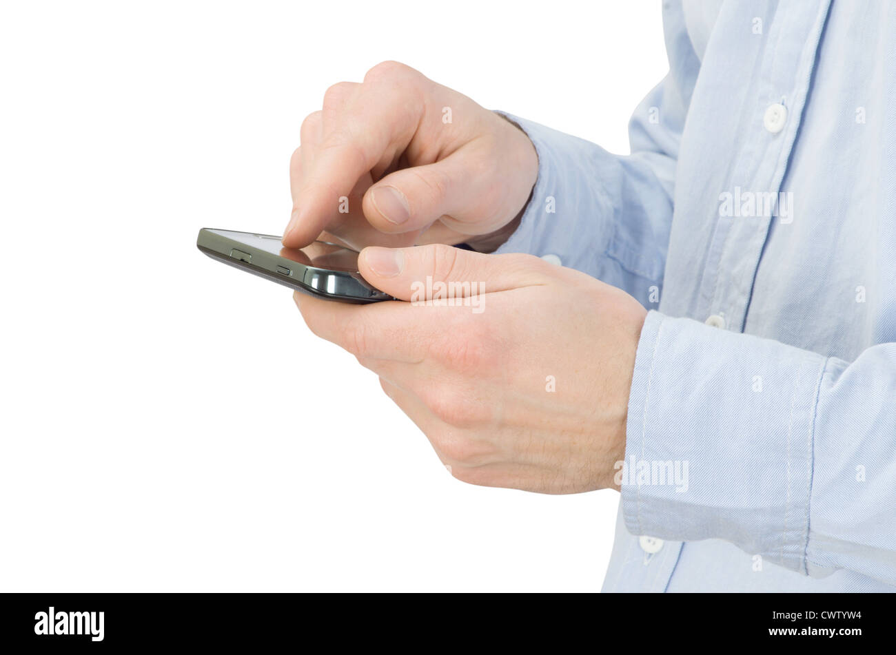 Hands holding mobile isolated on white Stock Photo - Alamy