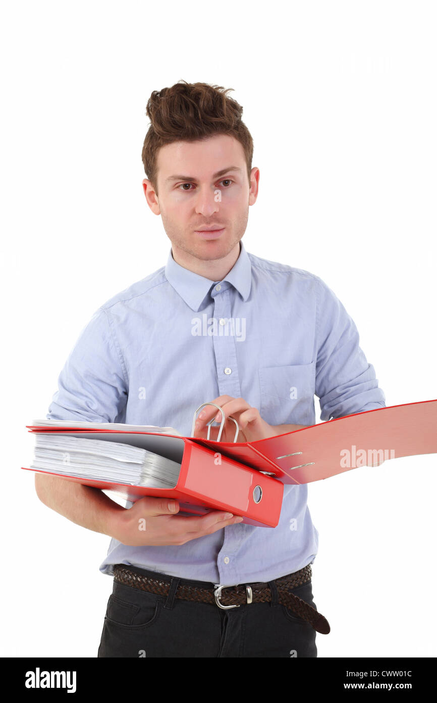 Young man isolated on white background holding folders Stock Photo - Alamy